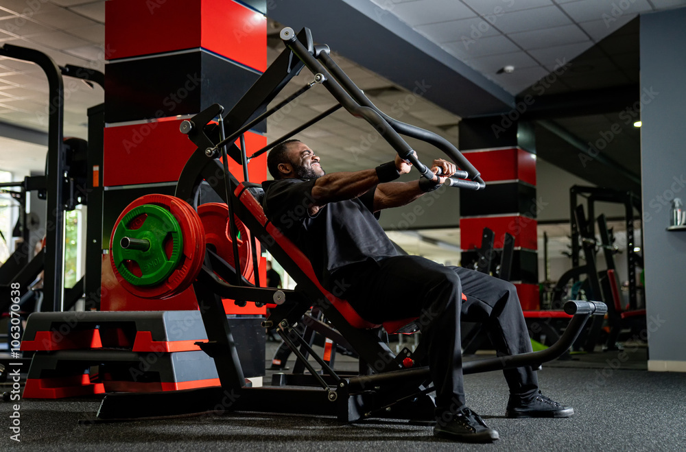 Man using gym strength machine. A man exercises using a strength ...
