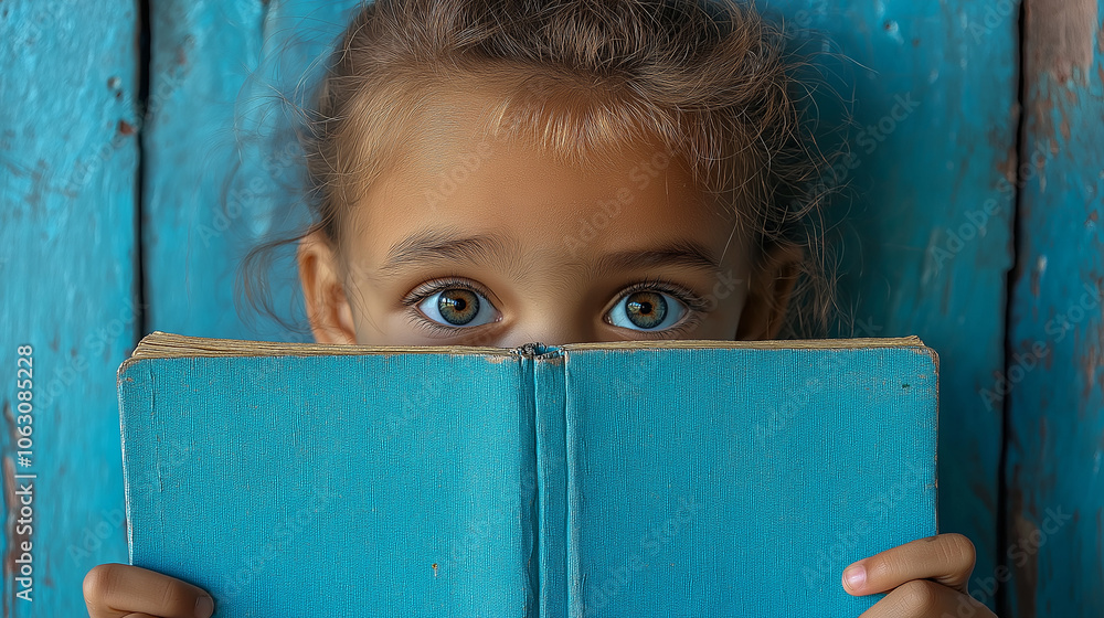 little girl child reads a blue book and looks out from behind it, eyes ...