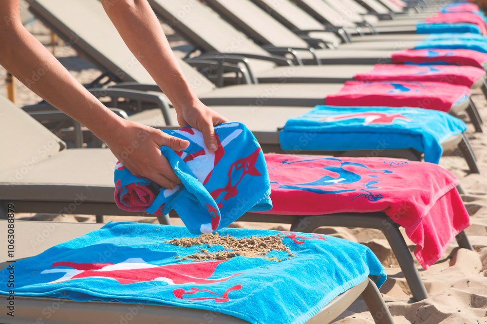 Preparing the Beach Chairs. A person carefully folds a vibrant blue and ...