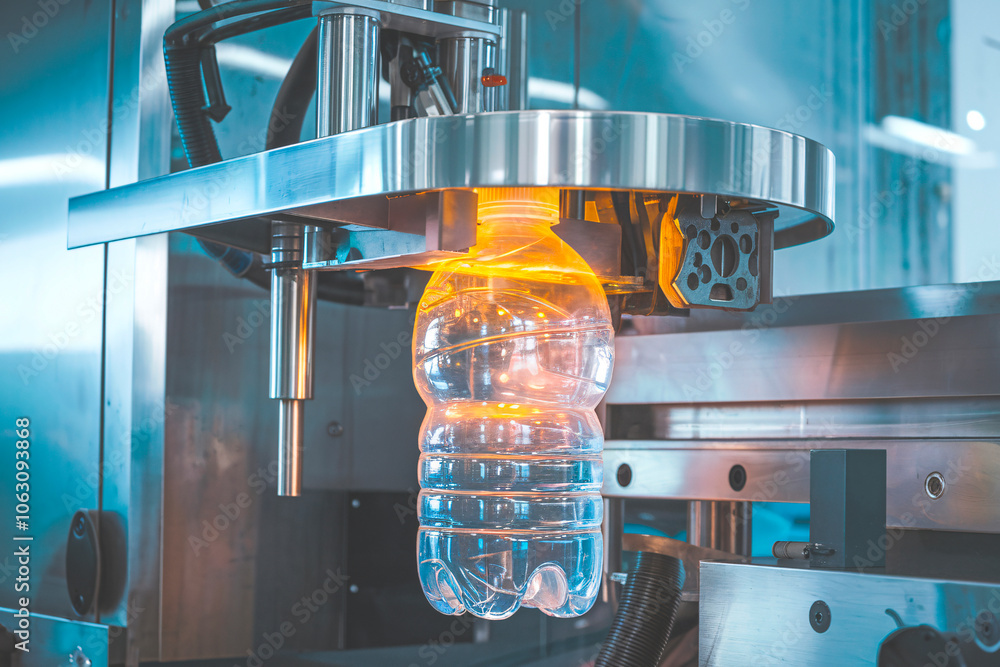 Plastic Bottle Manufacturing Process in Modern Factory. Close-up view of a transparent plastic ...