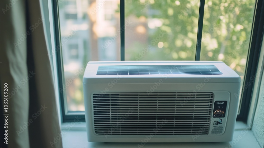 A top-down view of an air conditioner installed in a window, with a ...
