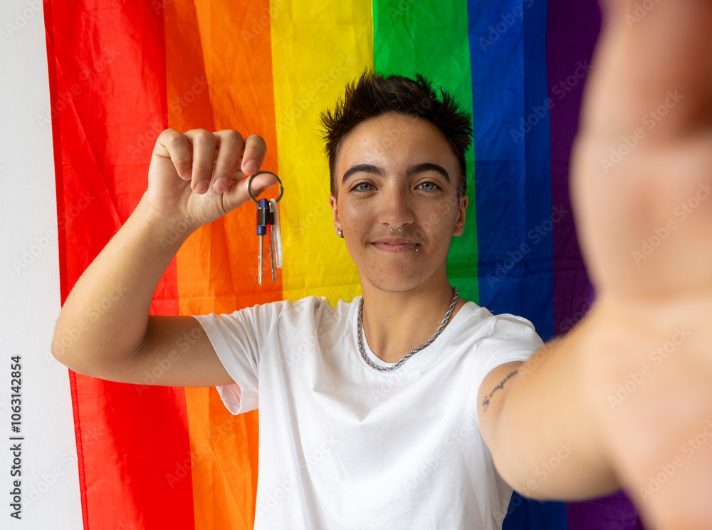 Proud trans man with new home keys against a pride flag Stock Photo ...