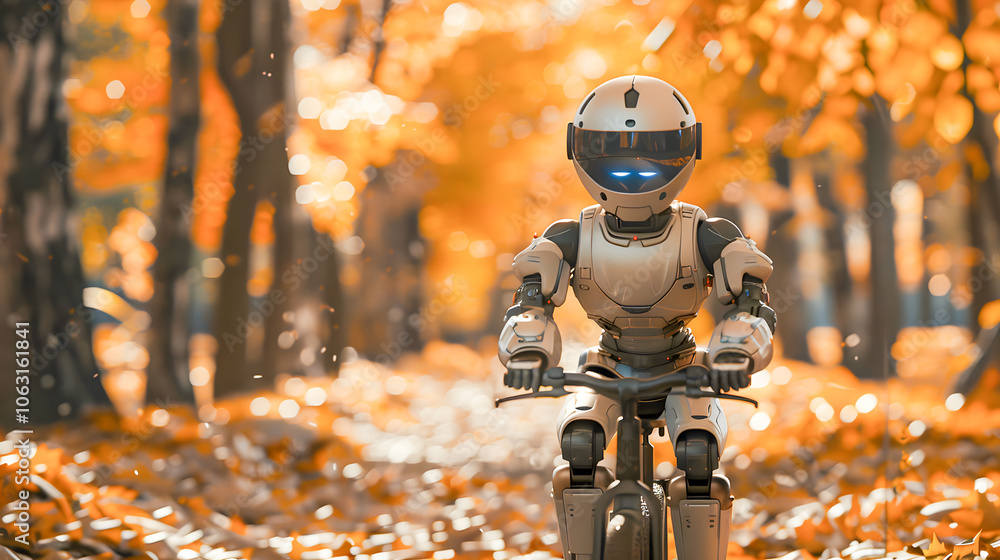 Happy humanoid robot rides a bicycle along the autumn alley. Robotic ...