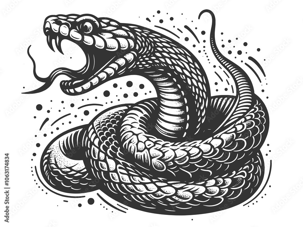 coiled cobra with its hood flared, showcasing classic artistic style ...