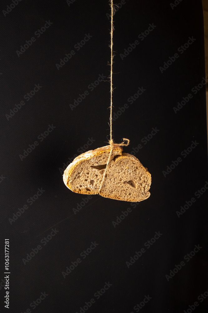 Slice of rustic, artisanal bread is suspended delicately by a thin ...