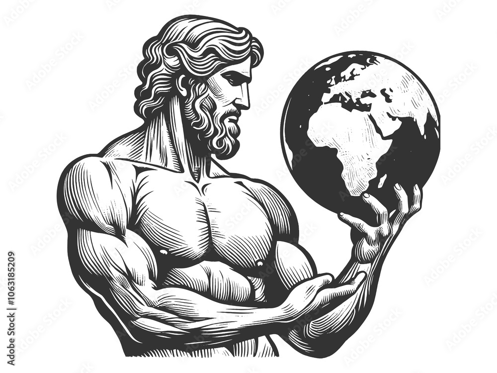 muscular man holding the Earth in one hand, symbolizing strength and ...