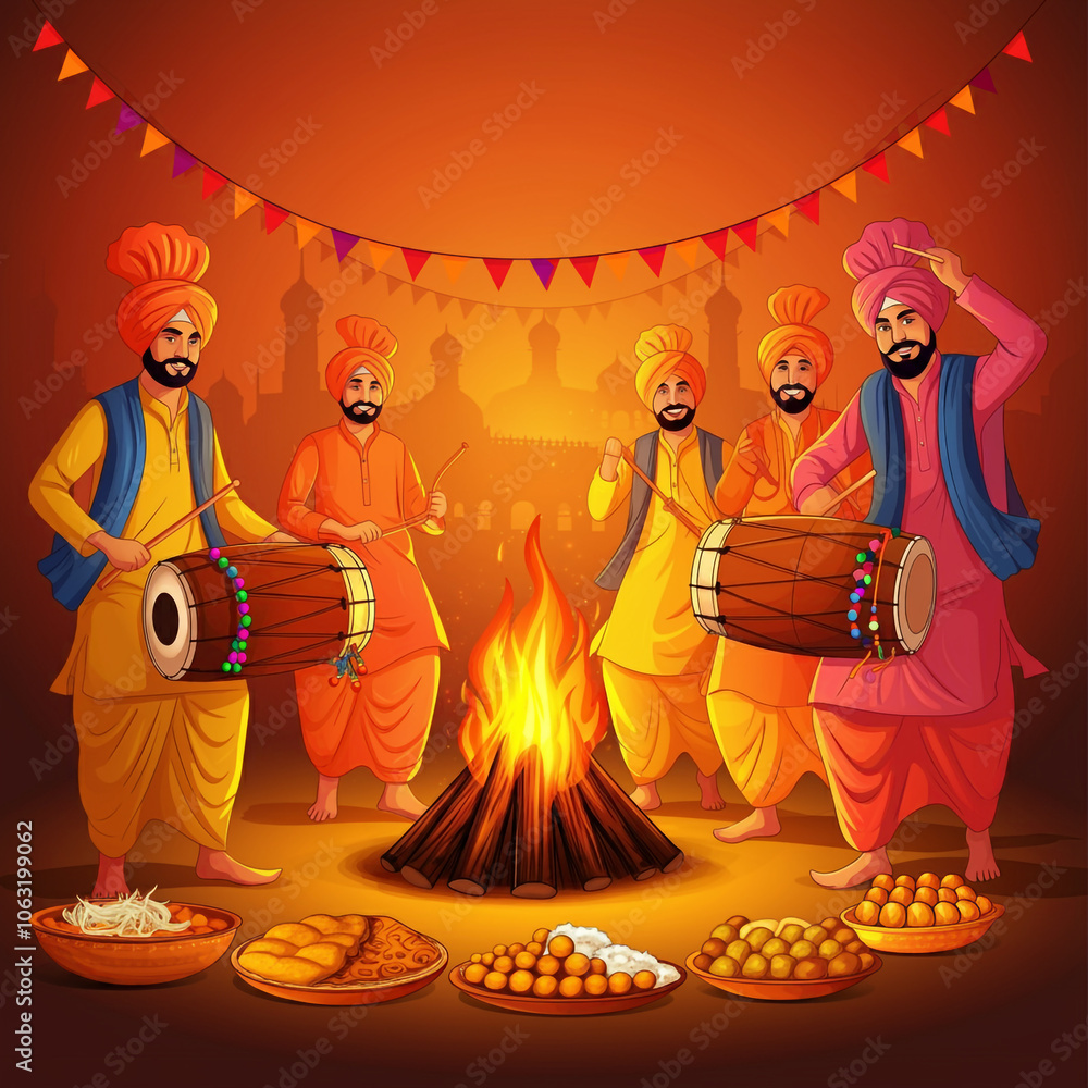 An animated depiction of the Lohri festival with people playing the ...
