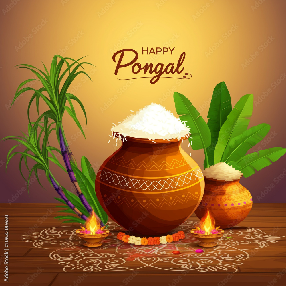 Festive Pongal display with decorated pots and sugarcane, celebrating ...