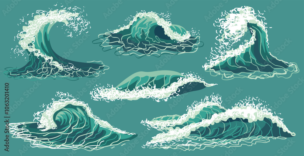 Sea wave. Ocean surf beach, vintage hand drawn water sketch, tidal ...