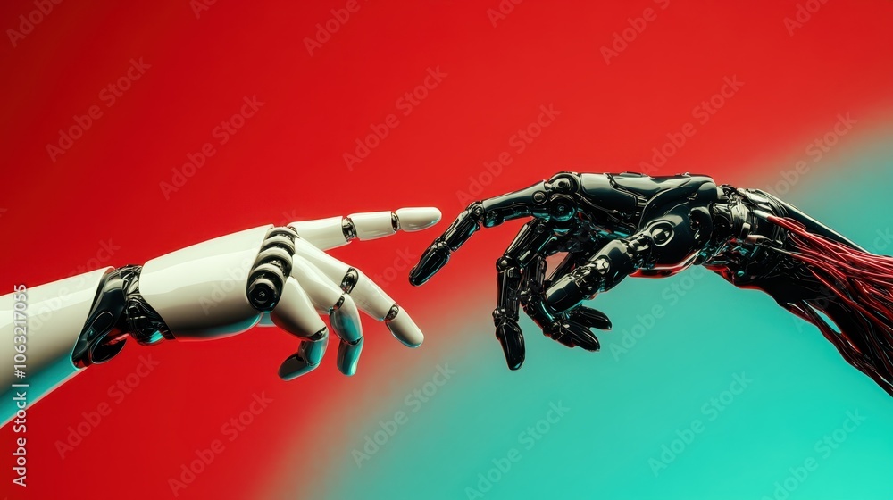 Two robotic hands, one black and one white, reach towards each other ...
