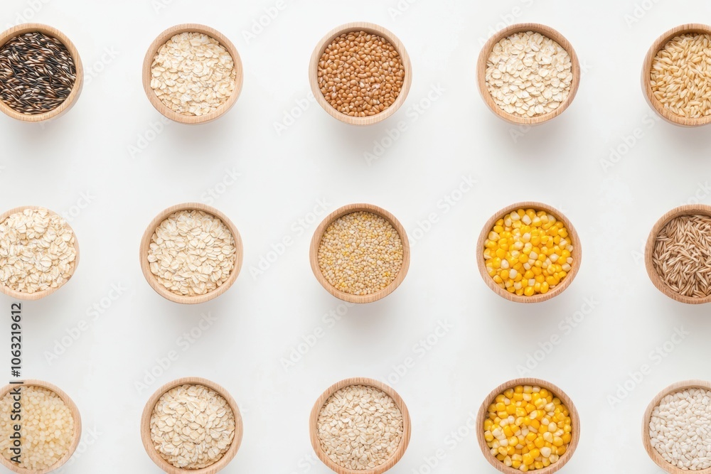 Different types of grains are beautifully arranged in stylish bowls on ...