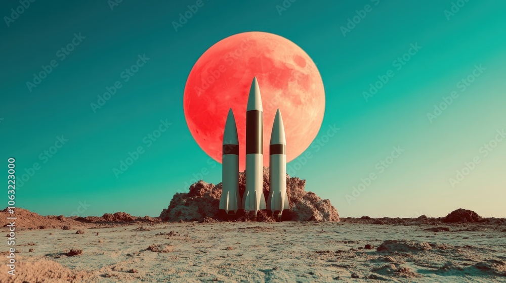 A surreal alien landscape featuring three rockets poised for launch ...