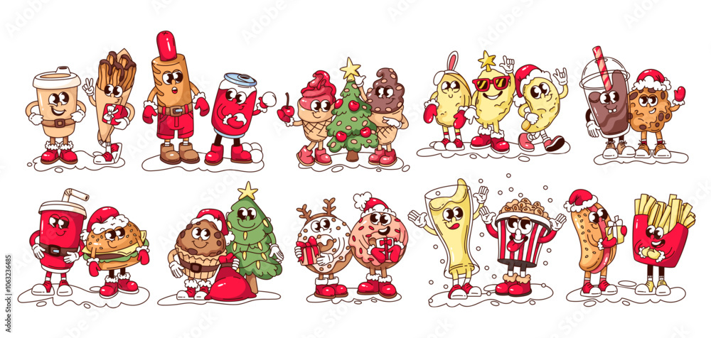 Groovy Christmas fast food cartoon characters set. Funny retro ...