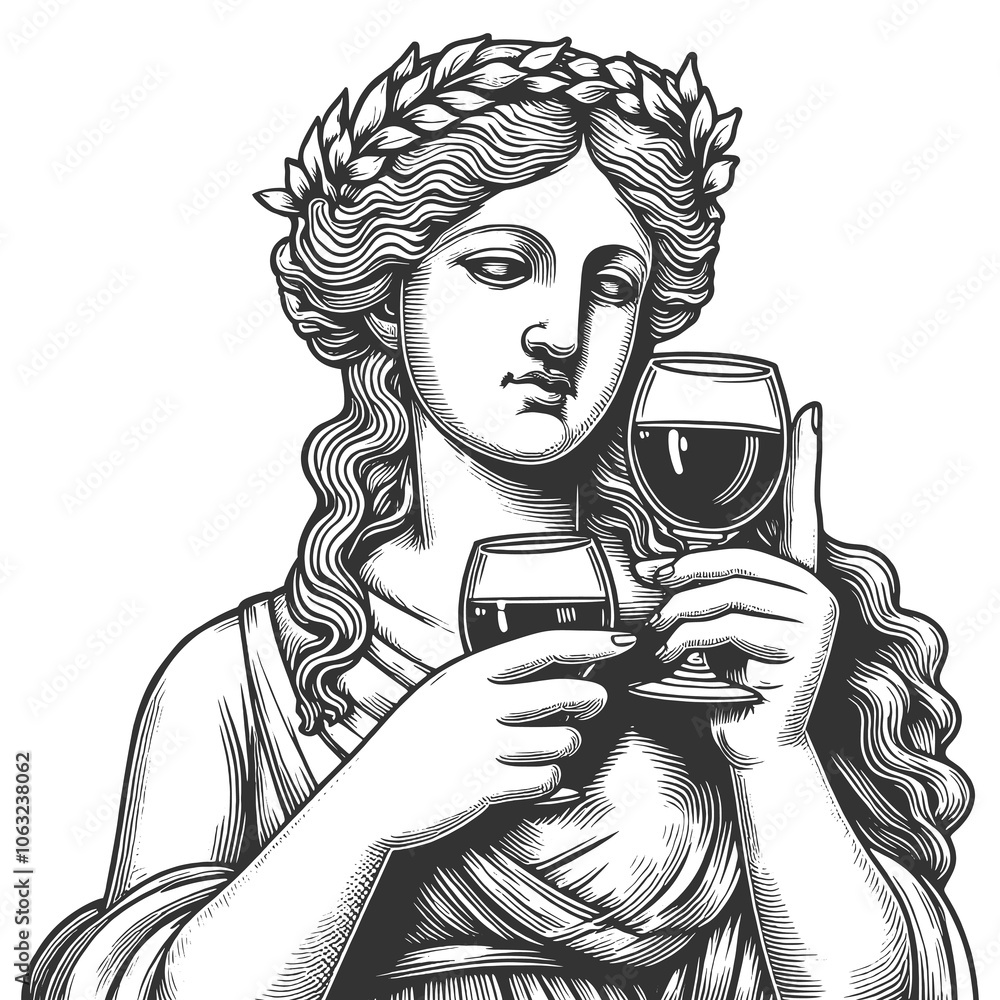 classical goddess figure with a laurel crown, holding two wine glasses ...