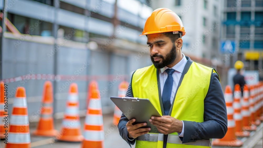 An Indian site inspector checking safety measures, standing beside ...