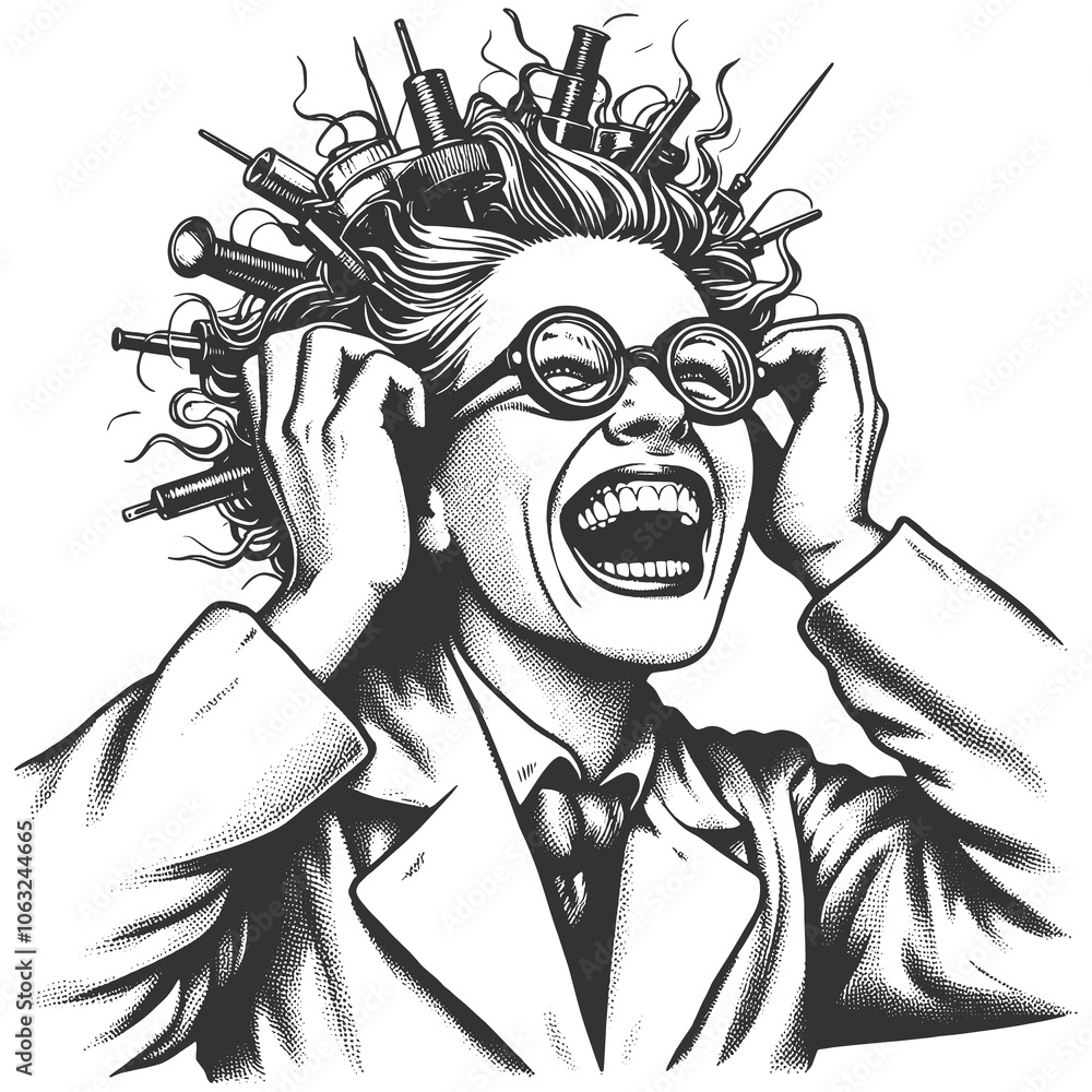 crazed scientist laughing maniacally with syringes in their hair ...