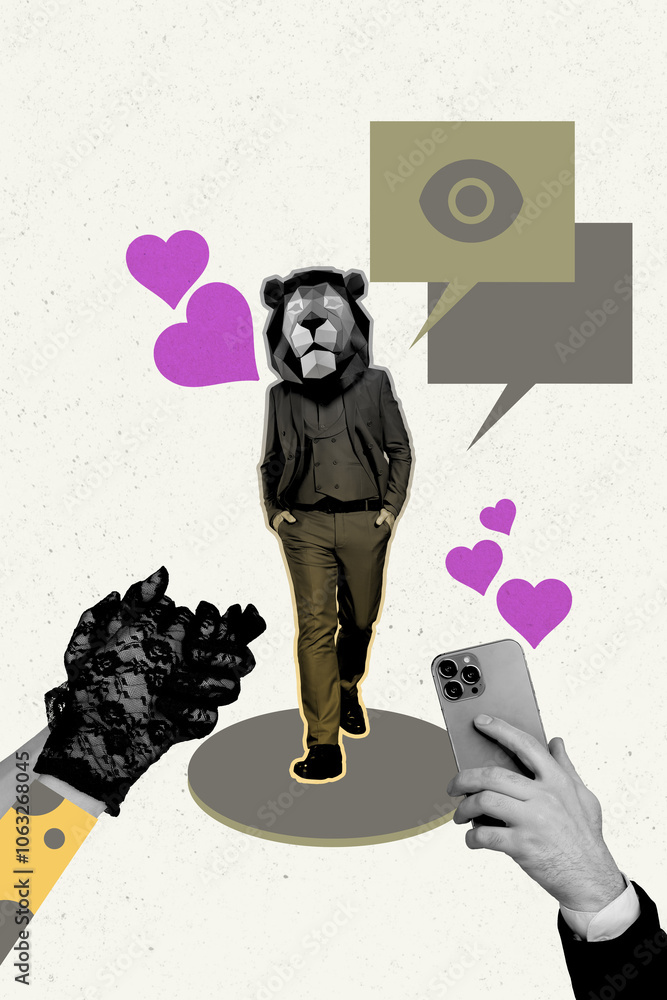 Vertical photo collage of dendy man instead head lion mask heart ...