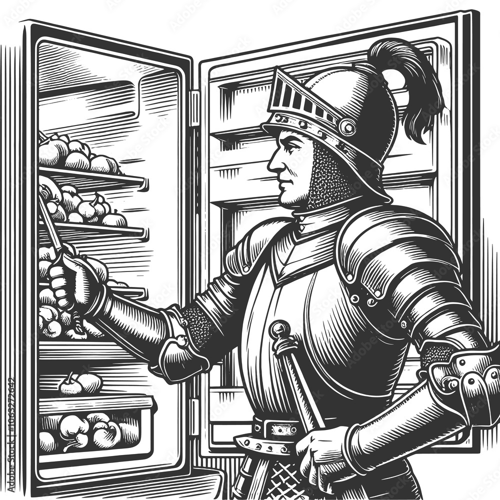 medieval knight in armor looking into a modern refrigerator sketch ...