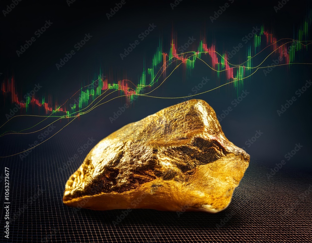 Large gold nugget on reflective surface with stock market candlestick ...