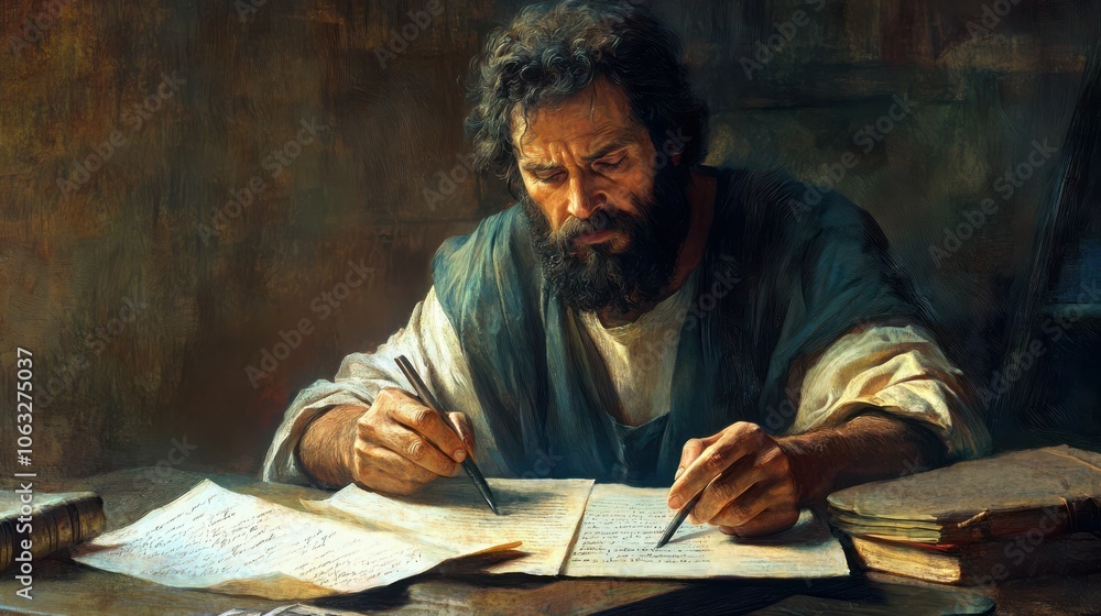 portrayal of the apostle Paul writing letters from prison, encouraging ...