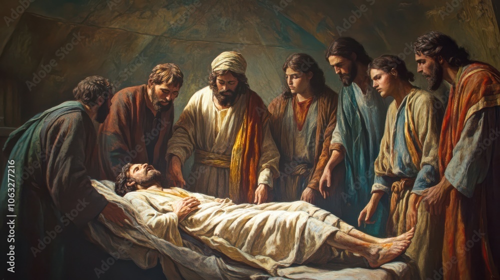 portrayal of Jesus healing the paralytic lowered through the roof by ...