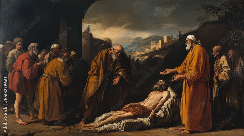 scene of Elijah reviving the widow's son in Zarephath, showing the ...