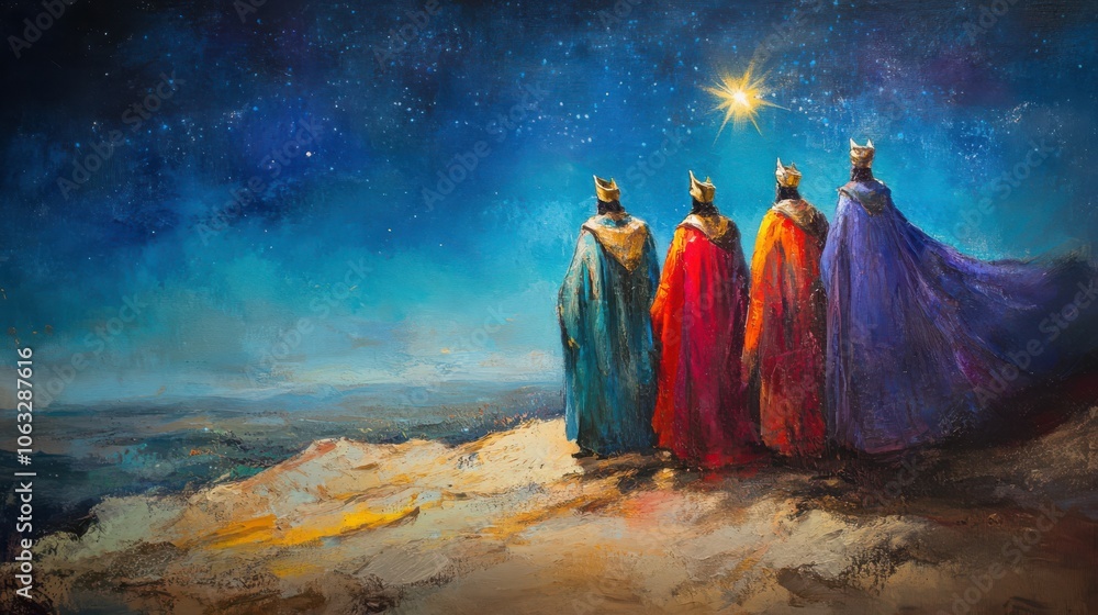 portrayal of the three wise men following the star to find the newborn ...