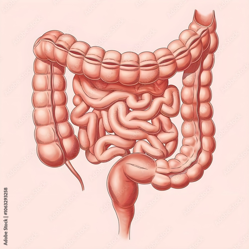 image depicts a detailed anatomical illustration of the human large ...