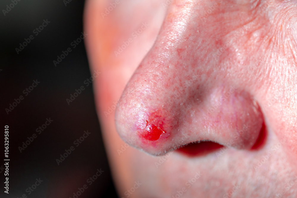 Health care concept, Selective focus of european man with red spot on ...