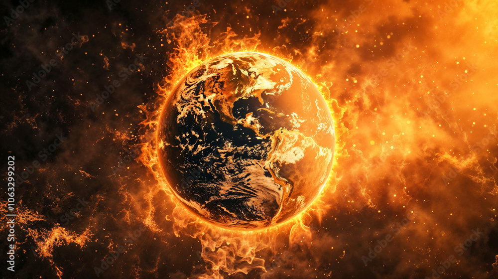Fiery, apocalyptic depiction of the Earth engulfed in flames, conveying ...