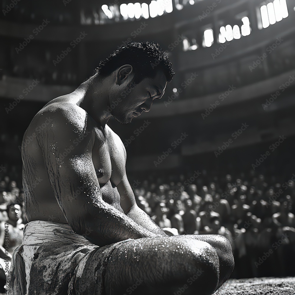 Sumo wrestler bowing to the opponent in a sign of respect before the ...