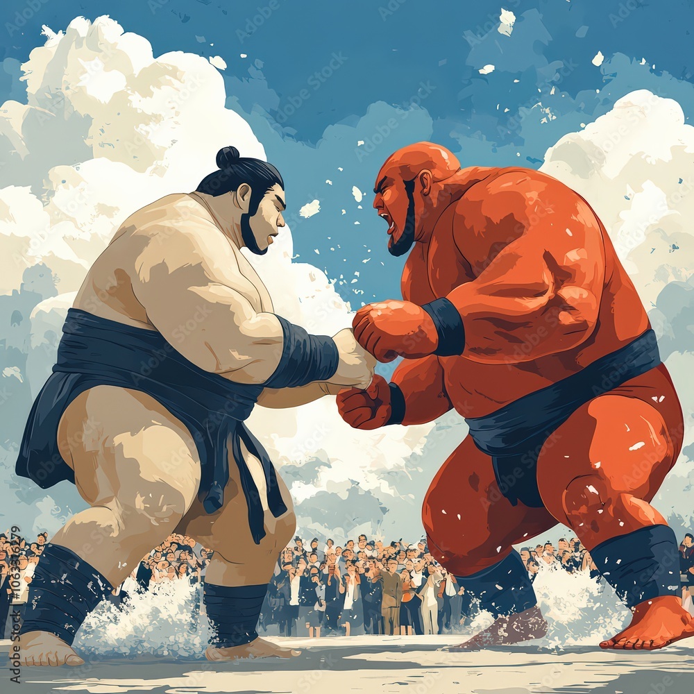 Vector illustration of a sumo match with one wrestler attempting to ...