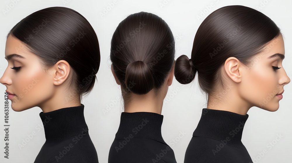 Elegant hairstyle showcasing a sleek bun from multiple angles against a ...