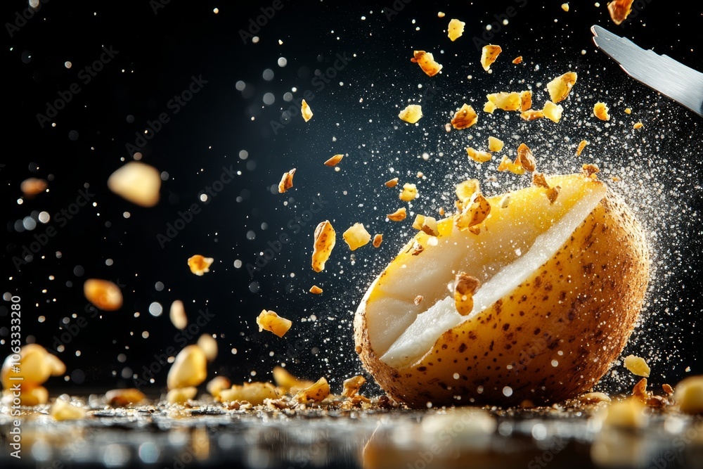 ภาพประกอบสต็อก Hyper-realistic close-up of a potato being peeled, with ...