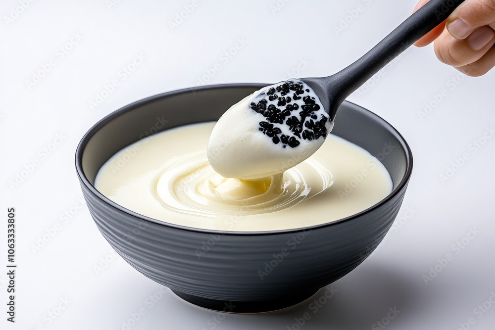 Illustration of a bowl with a spoon stirring batter, on a white ...