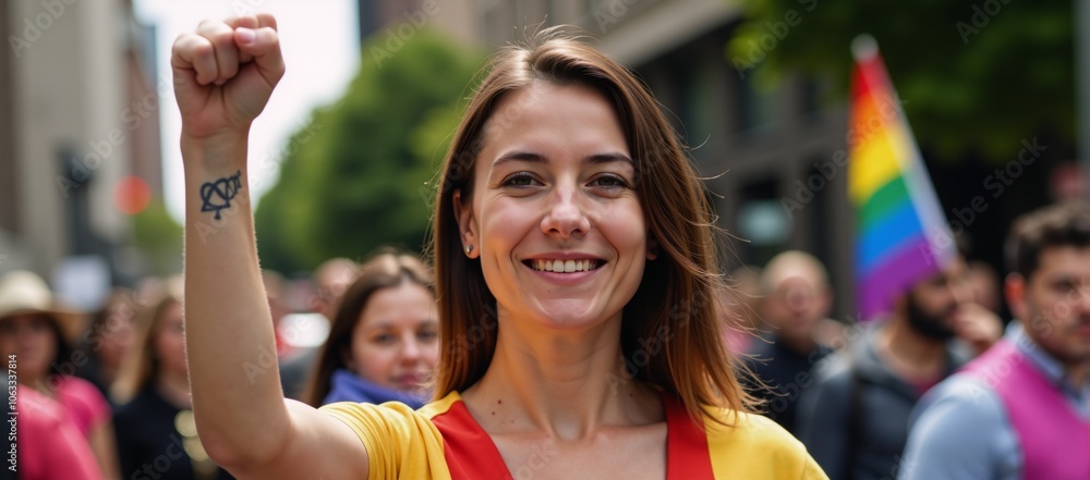 LGBTQ Pride celebration A diverse group of people raise their fists in ...