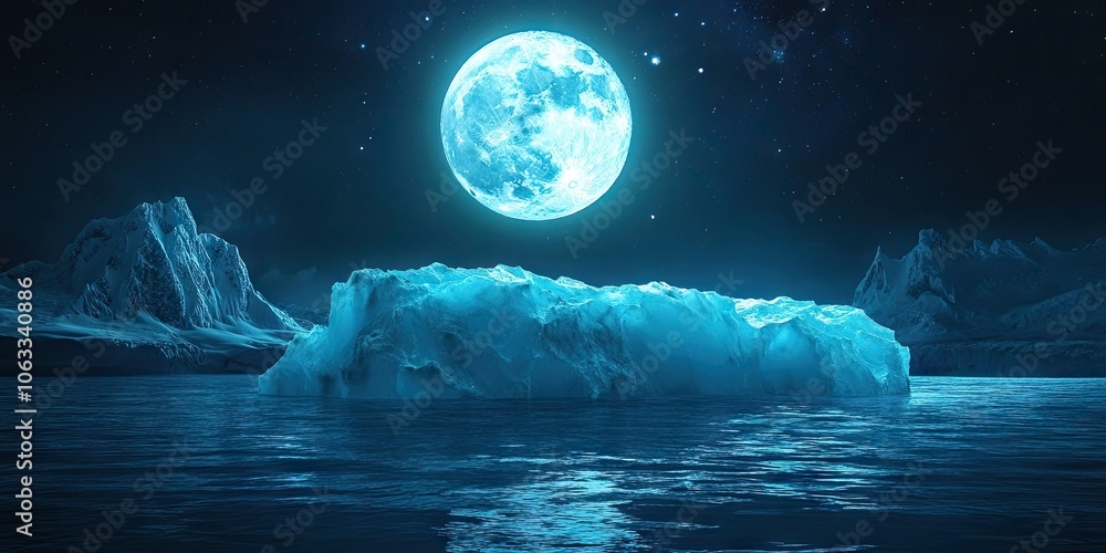 A wide angle perspective showcases an iceberg floating in the ocean ...