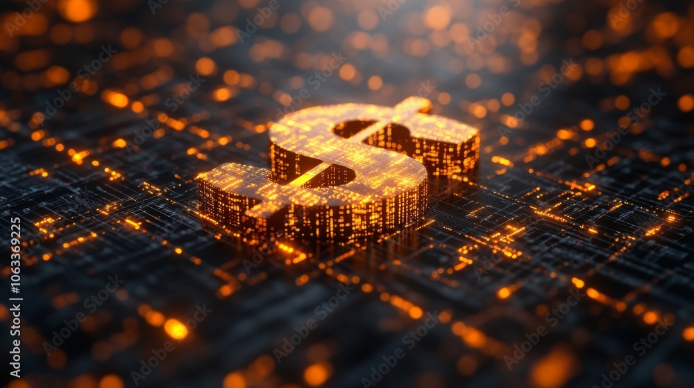 A glowing dollar sign stands out in vibrant orange against a complex ...