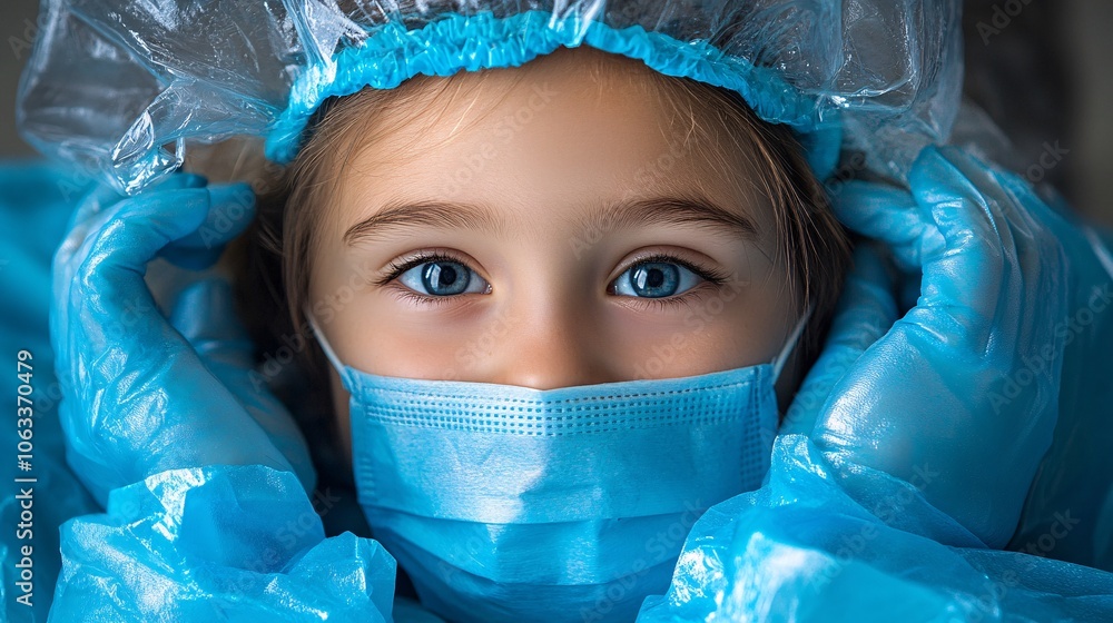 Pediatric healthcare team examining a child, using child-friendly tools ...