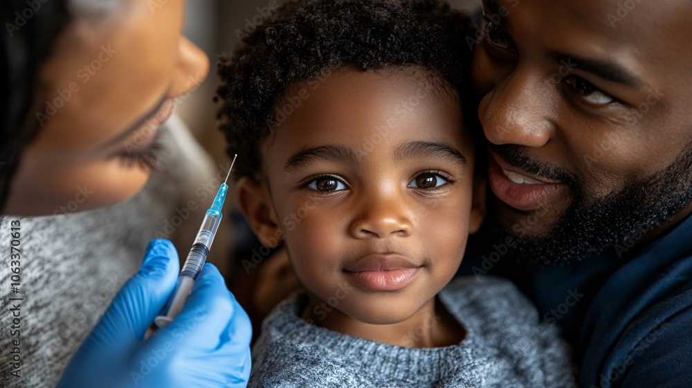 Pediatric healthcare team examining a child, using child-friendly tools ...