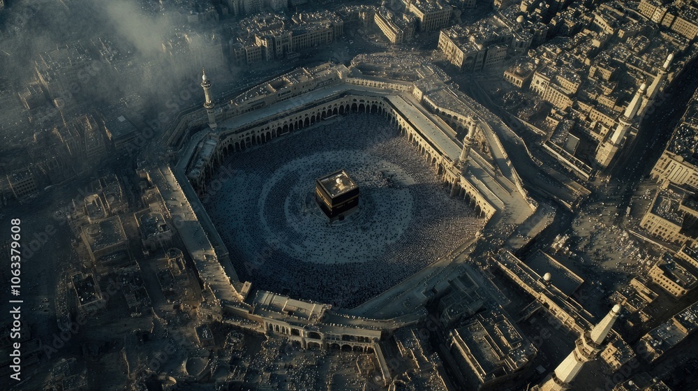 Aerial view of the sacred city of Mecca with its empty streets leading ...