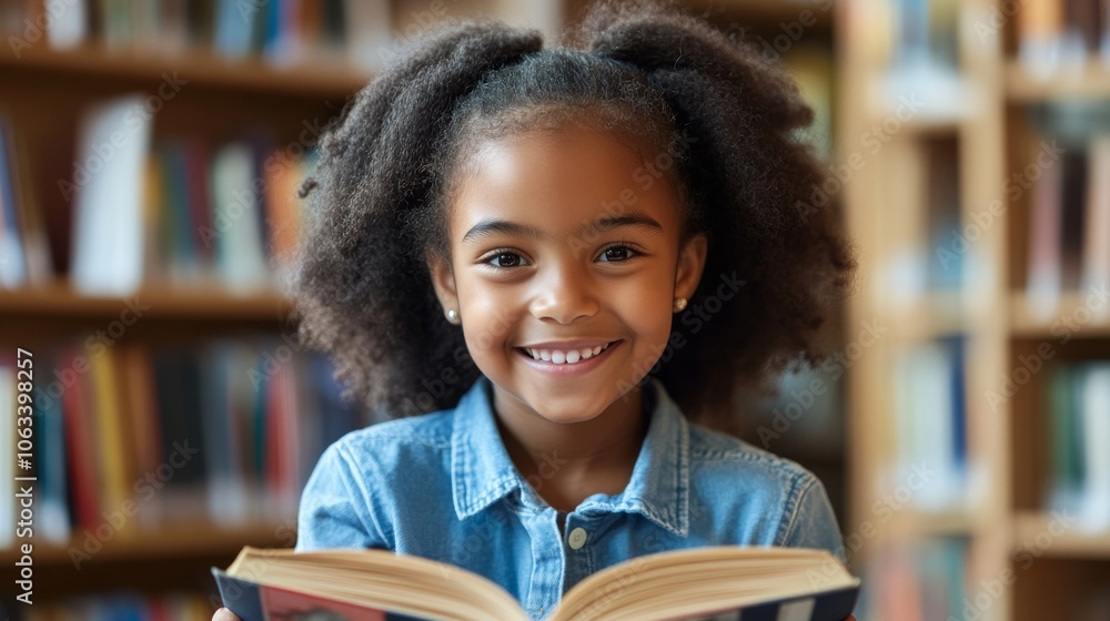 Happy little girl reading a book in library, young child with open book ...