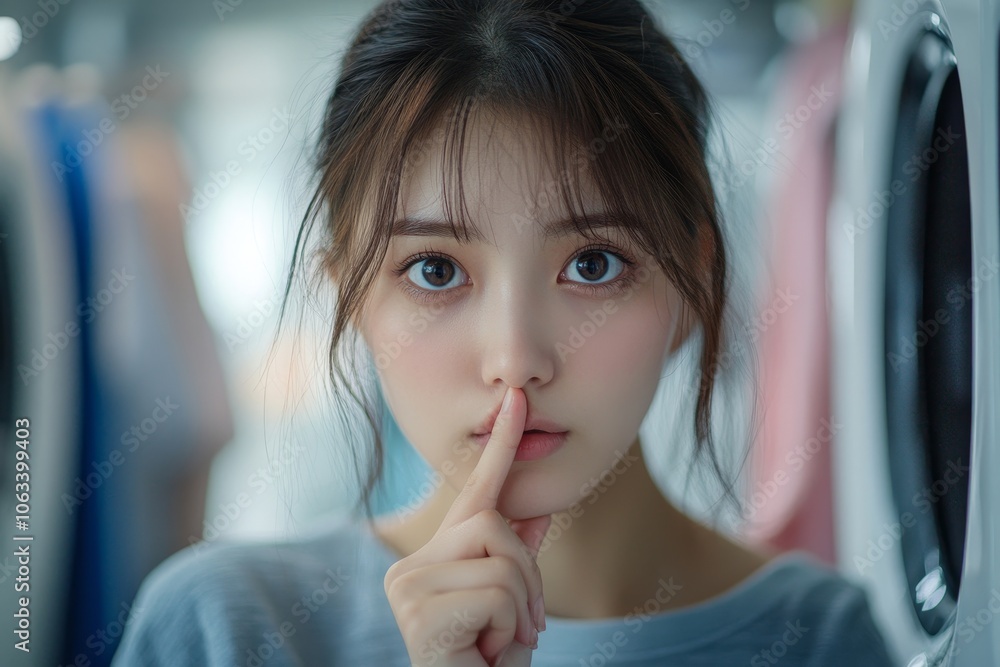 Asian young housewife woman having bad smelling clothes hand holding ...