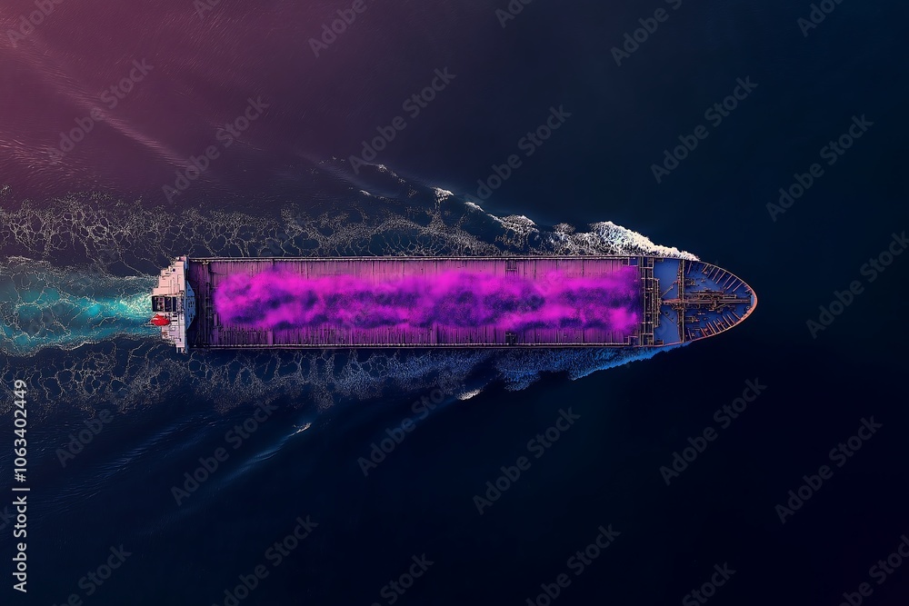 Aerial top view of a cargo ship floating horizontally through the sea ...