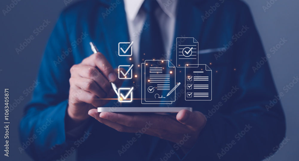 Checklist concept, Businessman mark checkboxes, Survey form, check ...