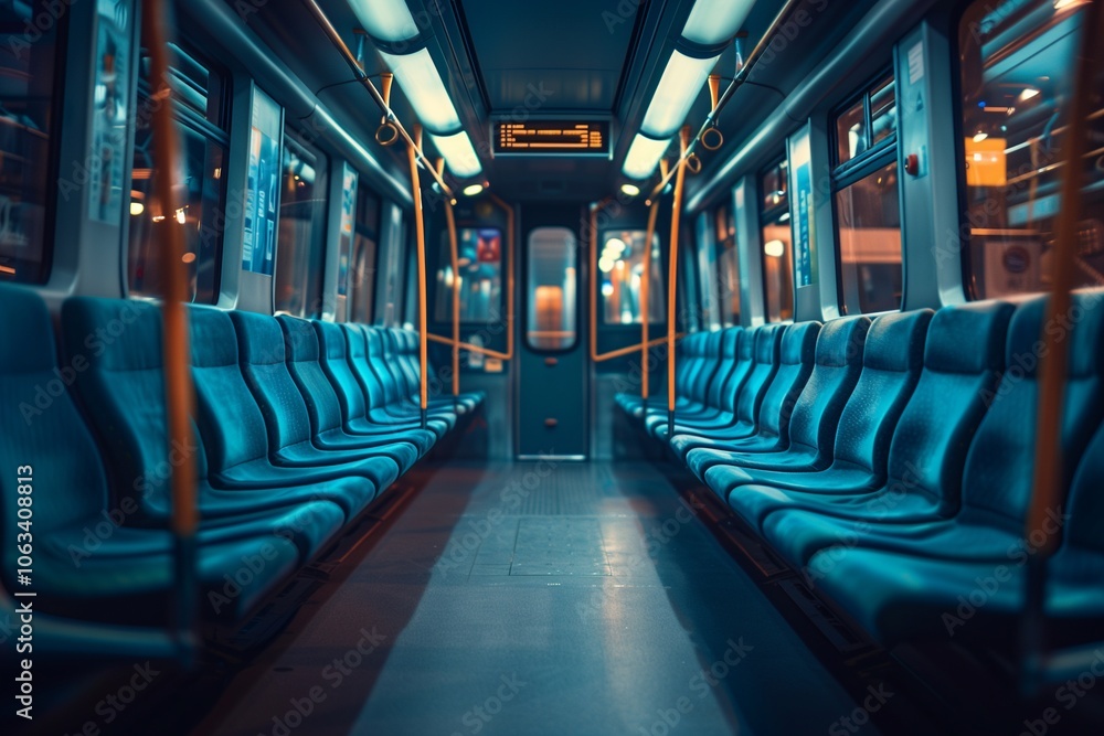 The interior of a modern train features rows of empty seats ...