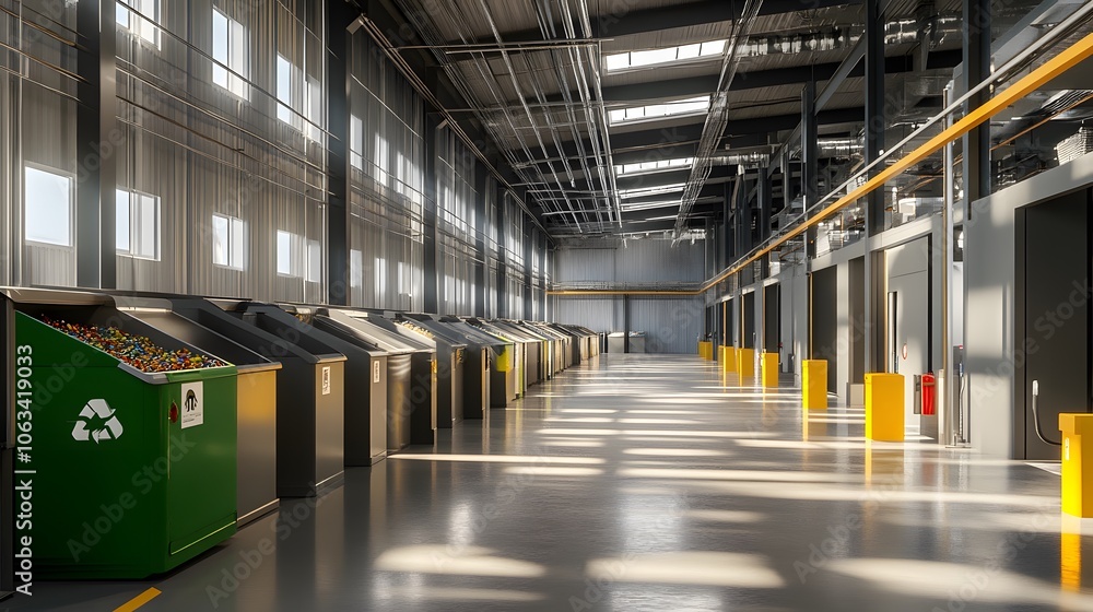 Manufacturing floor with waste segregation bins for recycling and ...