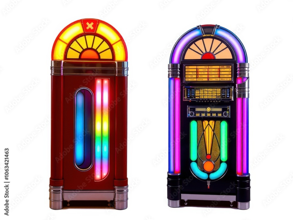 Retro jukebox isolated on white background with colorful lights and ...