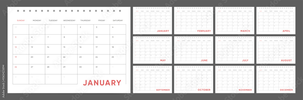 Calendar template for 2025 year. Week starts on Sunday. horizontal ...
