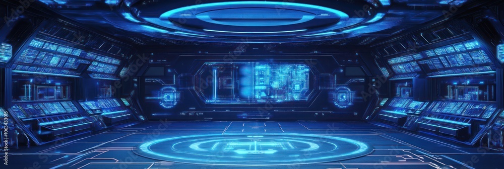 Futuristic blue control room with glowing panels, a circular platform ...